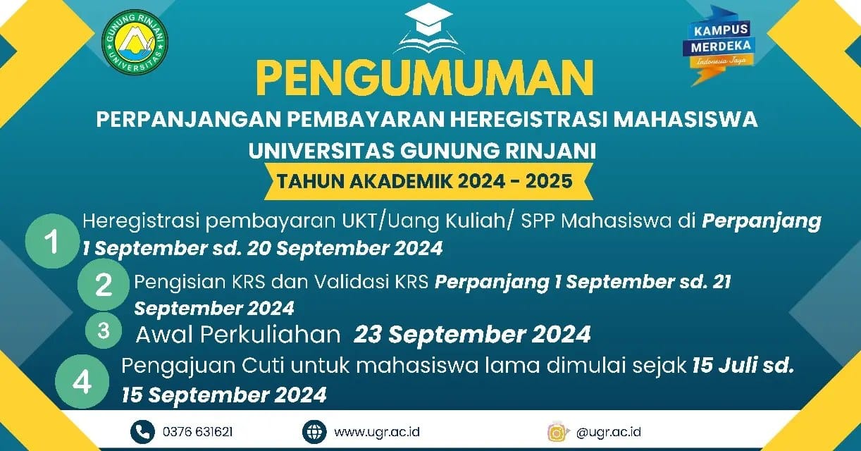 Perpanjangan Masa Pendaftaran Ulang Mahasiswa Semester 2024/2025 Ganjil - Universitas Gunung Rinjani